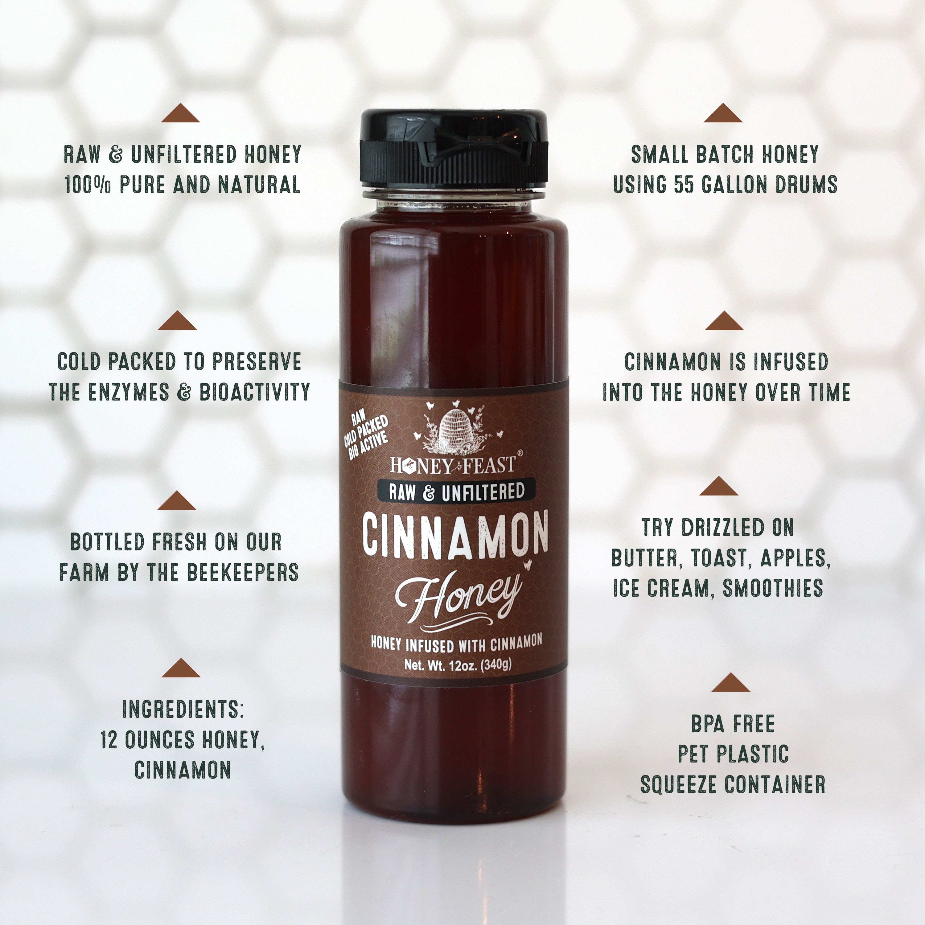 HONEY FEAST Cinnamon Honey 12oz – Organic Cinnamon Infused Honey, Raw ...